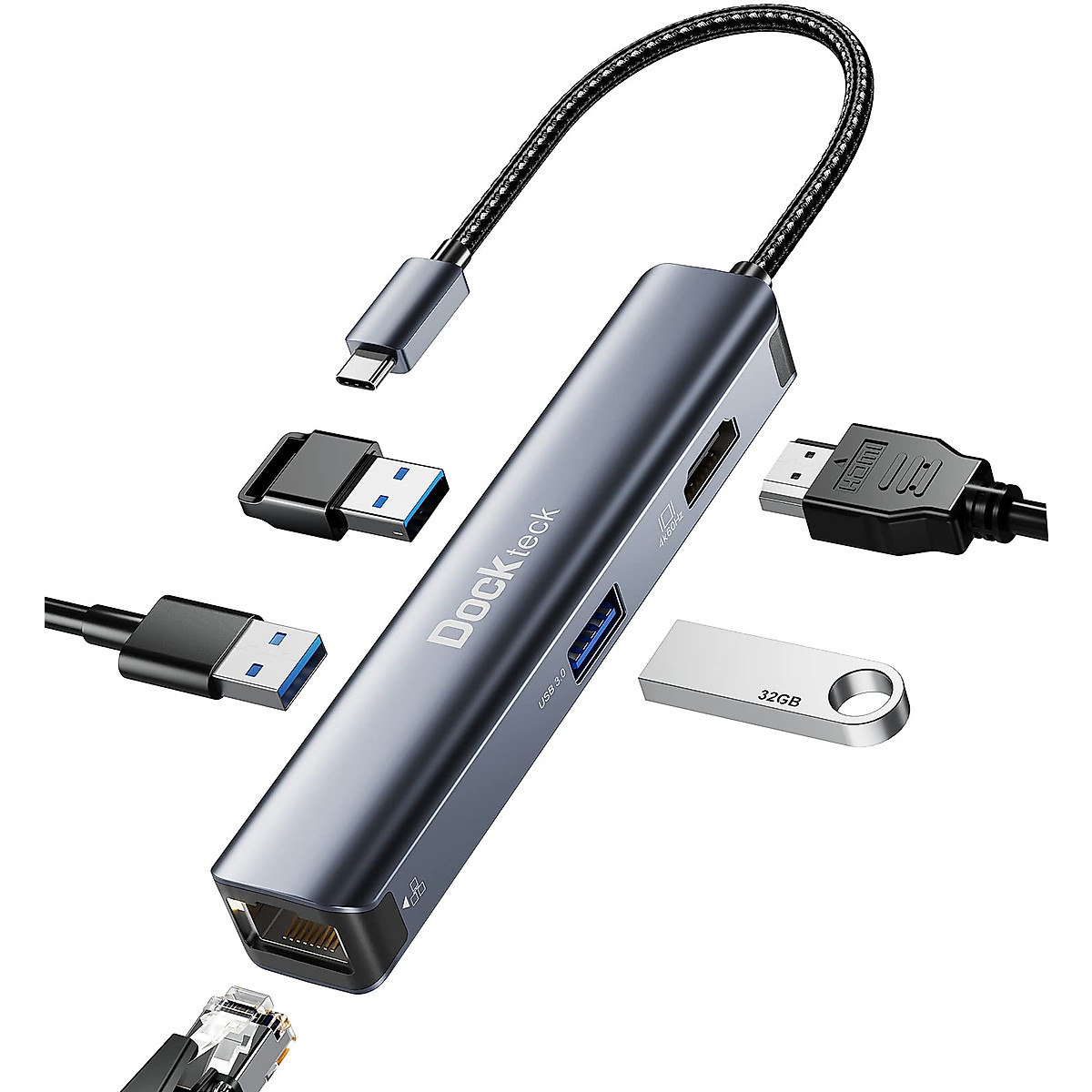 USB C Hub Ethernet, Dockteck 5-in-1 Multiport Adapter with USB C to 4K HDMI,1Gbps LAN, 3 USB 3.0, for MacBook Air/Pro, iPad Air/Pro, Surface Pro, XPS and More