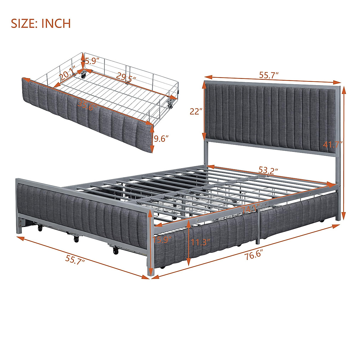 CKLMMC Morden Upholstered Platform Bed Frame with 4 Drawers,Sturdy Built-in Metal Slat Support,Full Size Platform Bed for Bedroom,Living Room (Gray+Linen Fabric2, Full)