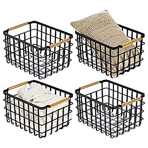mDesign Metal Wire Closet Storage Basket Bin Organizer with Wood Handles for Bedroom, Bathroom, Mudroom, Entryway, Hallway, or Linen Closet Organization - Yami Collection - 4 Pack, Matte Black/Natural