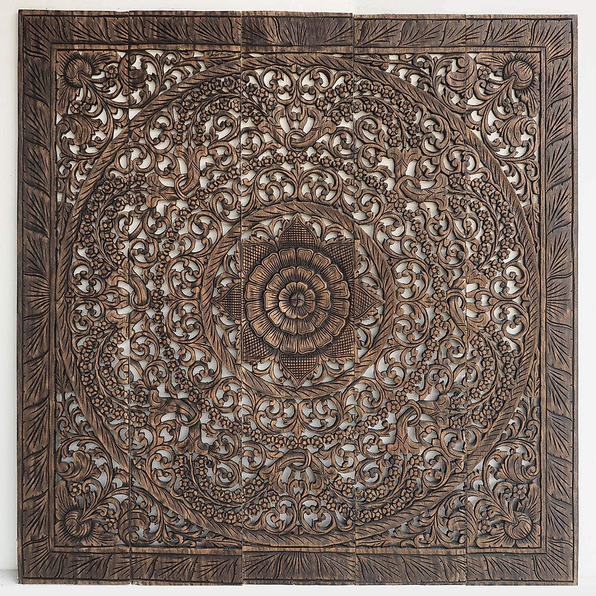 Hand Carved Flower Wood Carving Queen Size Bed Headboard Wall Mounted Sculpture 60 inches