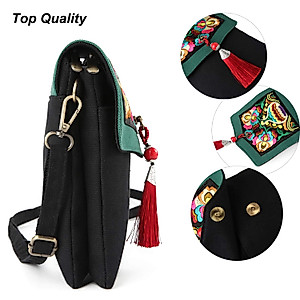 Embroidered Tassels Canvas Crossbody Bag, Cute Shoulder Bag Cellphone Pouch Purse (A02: Vertical-Tassel-Green)