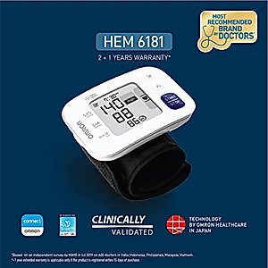 Omron Hem 6181 Fully Automatic Wrist Blood Pressure Monitor with Intelligence Technology, Cuff Wrapping Guide and Irregular Heartbeat Detection for Most Accurate Measurement (White)