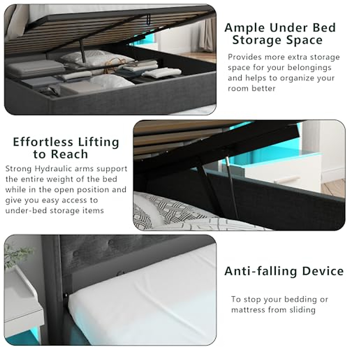 Loomie King Lift Up Bed Frame with Charging Station & LED Lights, Upholstered Bed with Button Tufted Wingback Storage Headboard, Hydraulic Storage, No Box Spring Needed, Wood Slats Support,Dark Grey