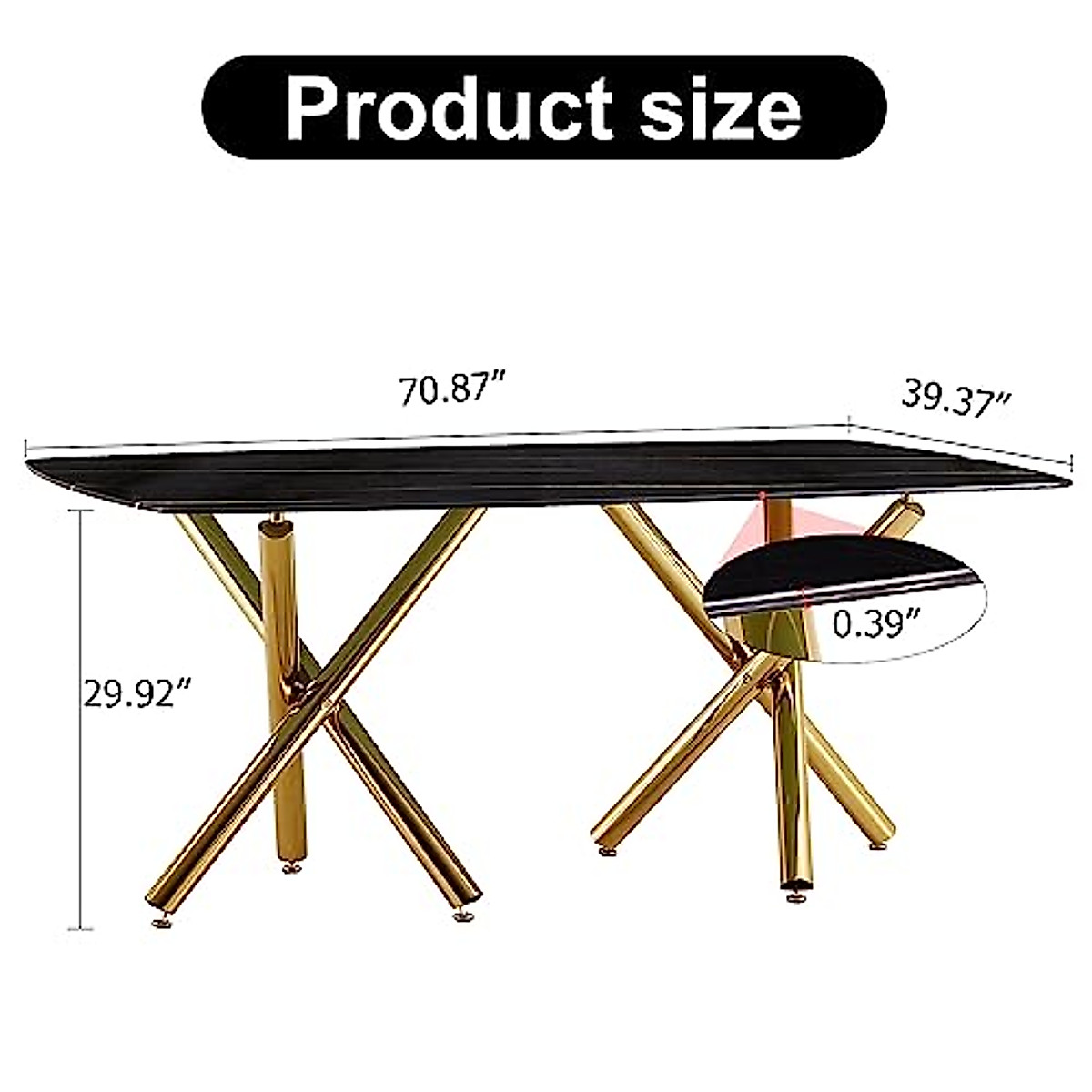 71’’ Modern Glass Dining Table for 8, Large Rectangular Dining Room Table with Golden Metal Legs, Minimalist Kitchen Table for Restaurant, Meeting Room, Imitation Marble Black Desktop