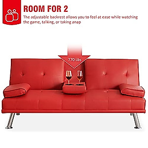 Futon Sofa Bed, Multifunctional Foldable Recliner Faux Leather Sleeper Sofa w/ 2 Cup Holders, Loveseat Daybed Guest Bed for Compact Living Spaces, Apartments, Dorms, w/Removable Armrests,Red