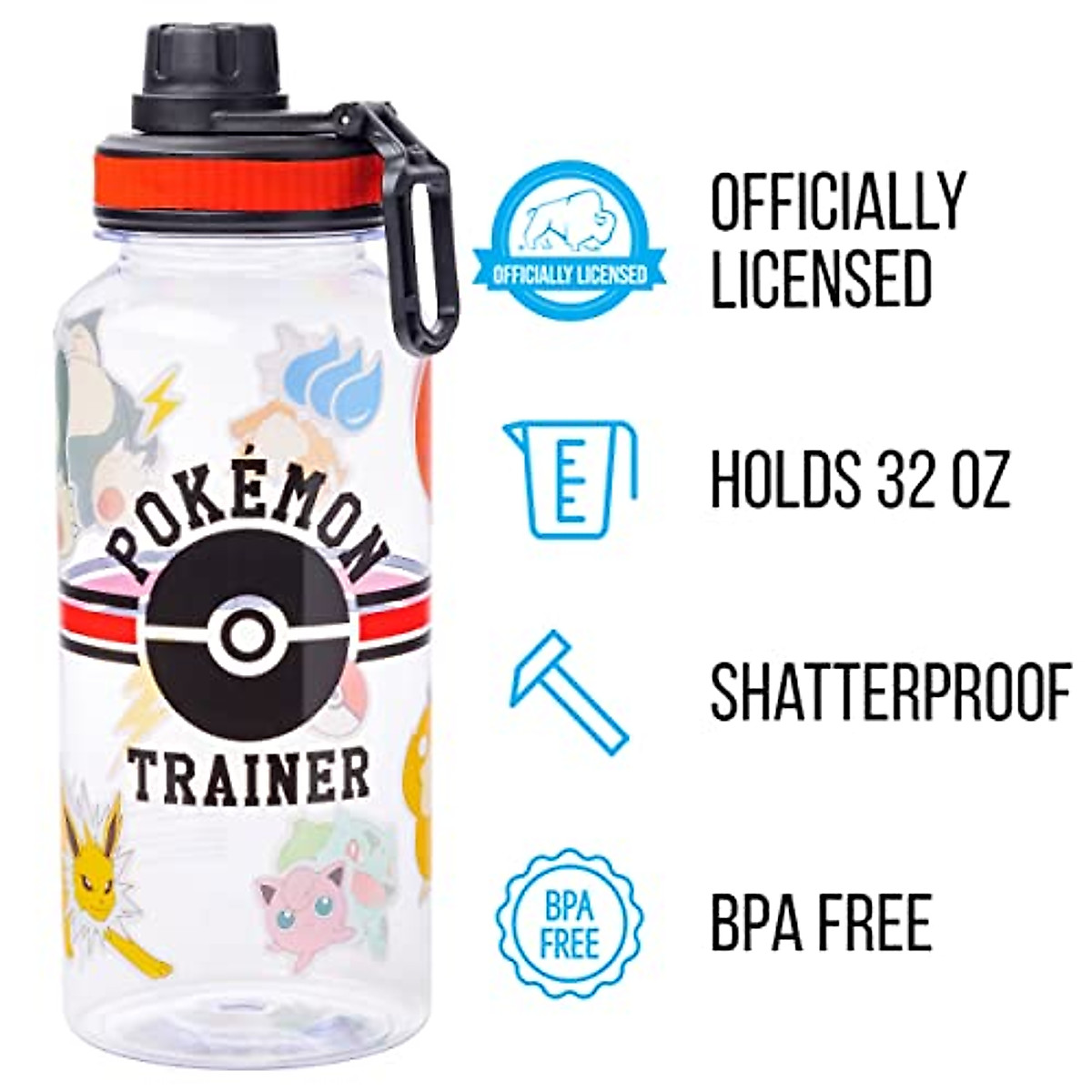 Silver Buffalo Pokemon Trainer Icons Twist Spout Plastic Water Bottle with Stickers You Stick Yourself, 32 Ounces