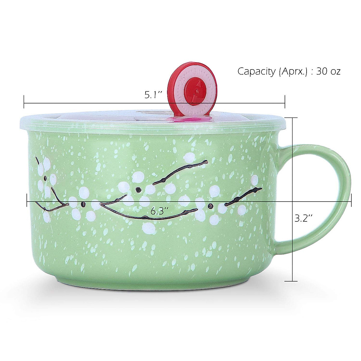 VanEnjoy 30oz Ceramic Bowl with Lid & Handle,Cherry Blossoms Among Snow Flake Pattern,Microwave for Instant Noodle Sara, Cereal Bowl