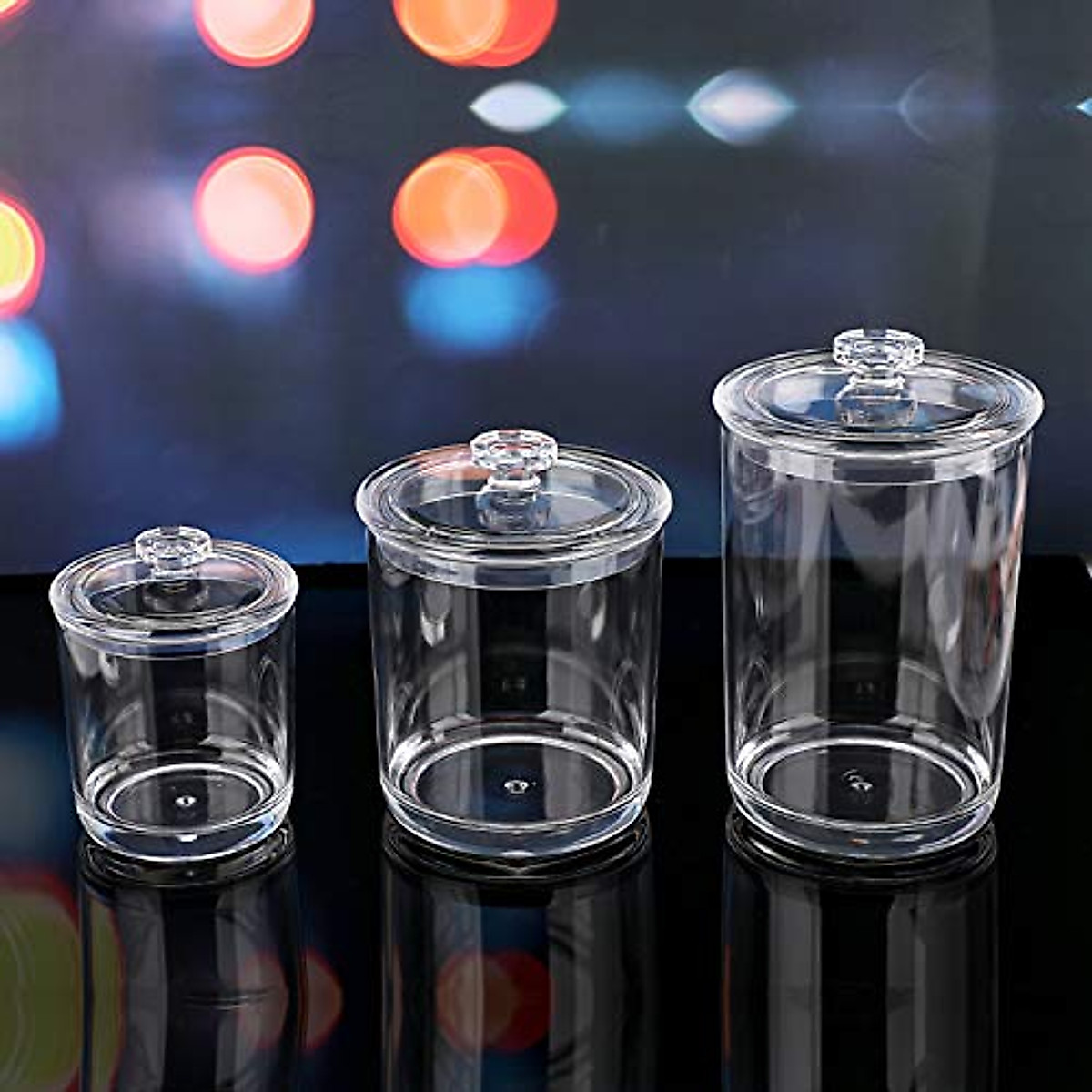 Hipiwe Clear Plastic Apothecary Jars with Lid, Large Size Bathroom Storage Canister Jar Cotton Ball and Swab Organizer Q-Tips Holder, 60-Ounce, 30-Ounce and 15-Ounce, Set of 3