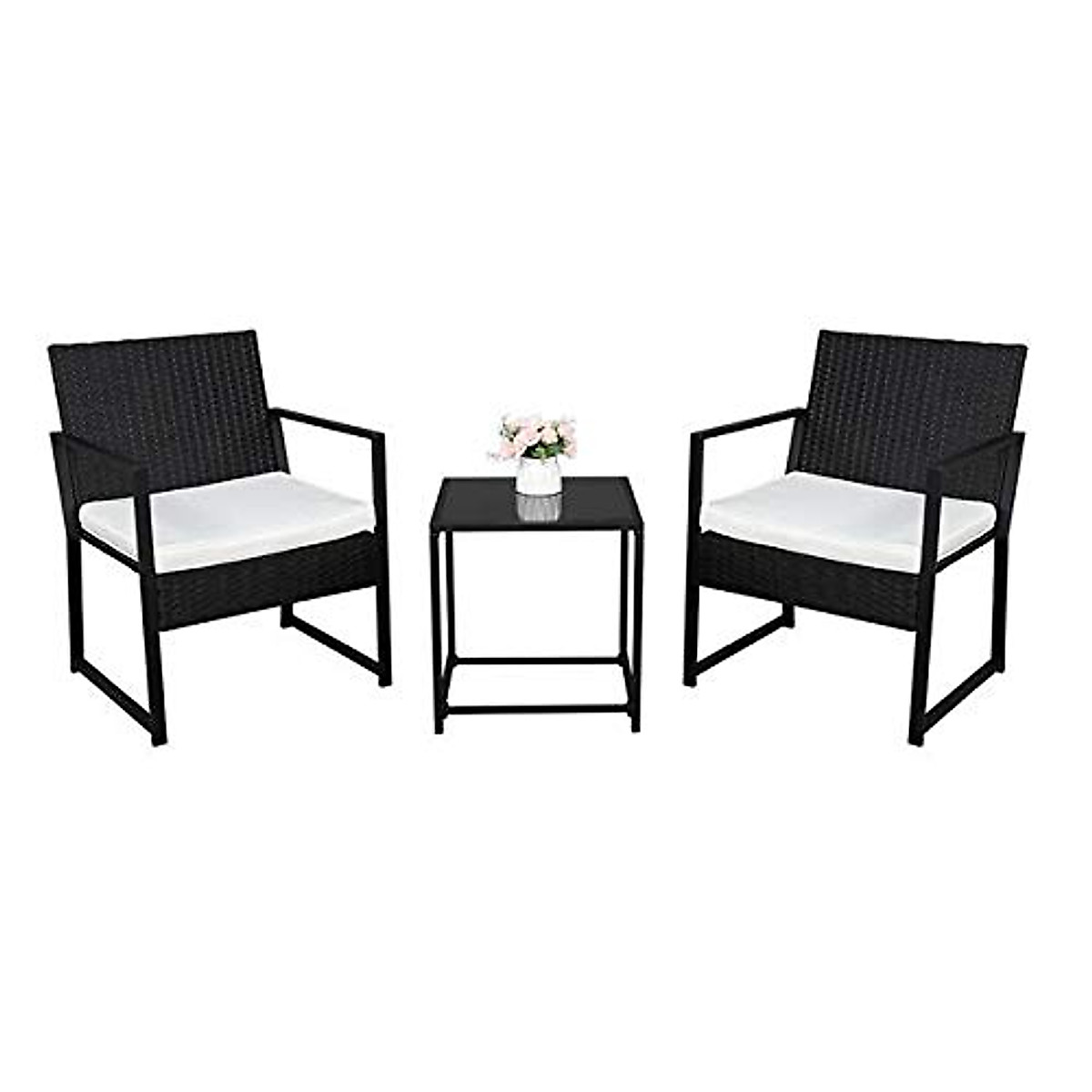 3 PCS Patio Wicker Rattan Furniture Set, Rattan Chair with Coffee Table, Bistro Set Rattan Chair Conversation Sets Garden Furniture for Patio Garden Lawn Backyard Pool (Black-A)