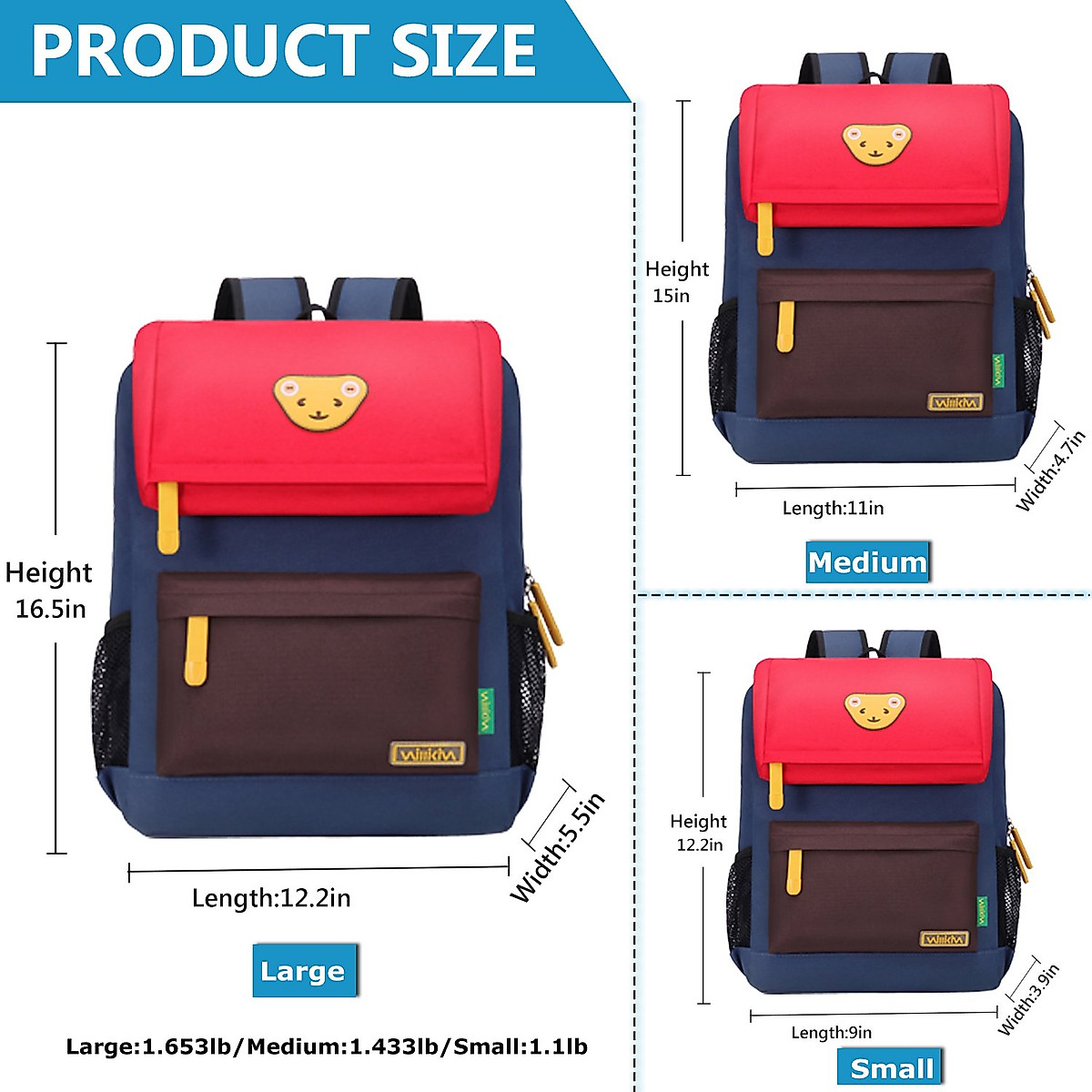 Willikiva Cute Bear Kids School Backpack for Children Elementary School Bags Girls Boys Bookbags (Red/Coffee/Royalblue, Small)