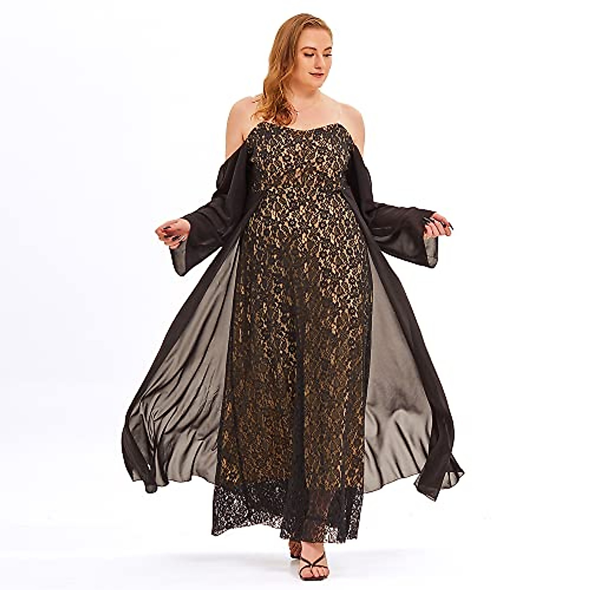 Women Spaghetti Strap Off Shoulder Lace Mash Mixi Dress Casual Cute Flowy Flare Sleeve Evening Dress (Black,XX-Large,US,Alpha,Adult,Female,XX-Large,Regular,Regular)