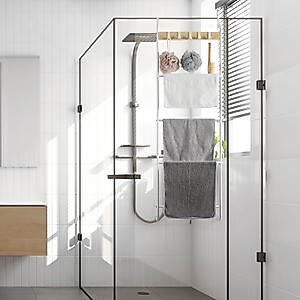 Over The Door Towel Rack 5 Tier Towel Door Hanger for Bathroom Over The Door Towel Bar Hanger with Hooks Back of Door Towel Rod Organizer for Clothes Hand Towels (White and Wood)