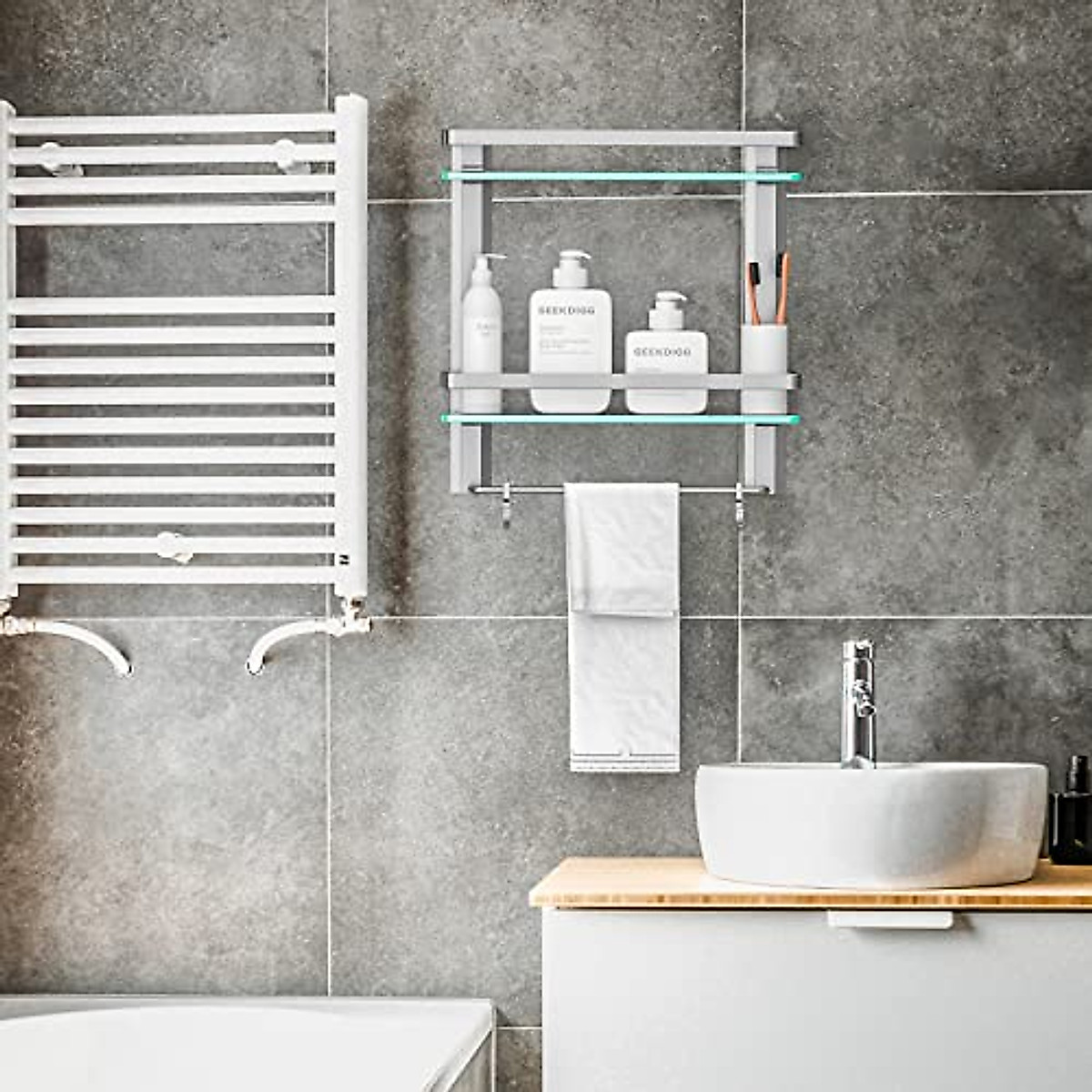 GeekDigg bathroom glass shelf with towel bar, 2 tier wall mounted tempered glass shower storage organizer with 8MM extra thick, 15.2 by 5 inches - Not Brushed Nickel