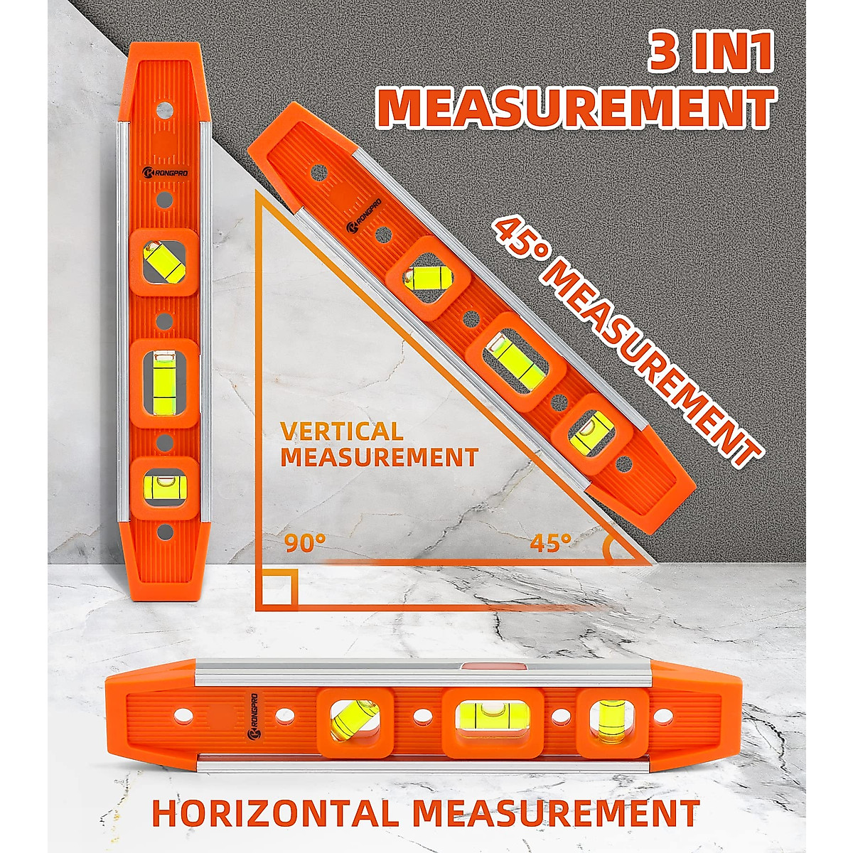 RONGPRO 9 Inch Torpedo Level Magnetic Box Level, Measuring Shock Resistant Torpedo Level with 45°/90°/180° Bubbles, Orange - 2 PCS