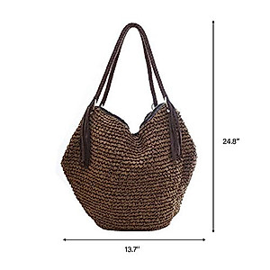 QTKJ Soft Large Straw Shoulder Bag with Brown Charm Leather Tassels, Boho Leather Handle Tote Retro Summer Beach Bag Rattan Handbag (Brown)