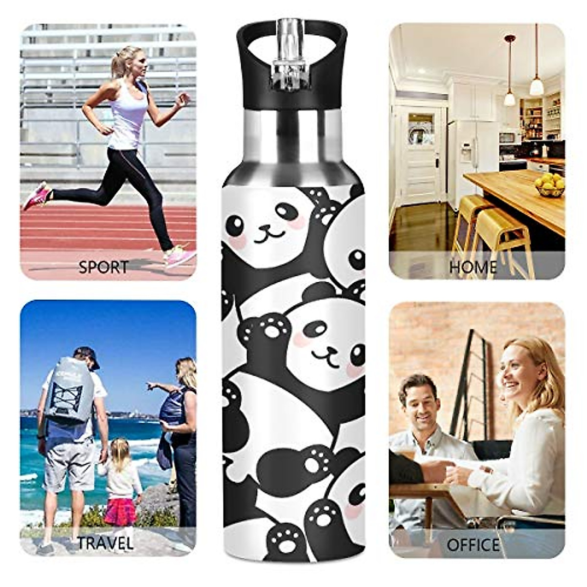 WELLDAY Water Bottle Cartoon Panda Double Wall Vacuum Insulated Flask Stainless Steel with Straw Lid 20oz
