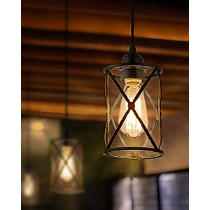 Osimir Industrial Pendant Light, 2 Pack Mini Glass Pendant Light for Kitchen, Cage Pendant Lighting in Black Finish with Clear Glass, Adjustable Length, CH9176-1-2PK