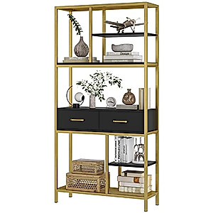 HITHOS Bookshelf, Tall Bookcase with 2 Drawers and Storage Shelves, Industrial Etagere Bookcase Book Shelves for Office, Living Room, Black/Gold