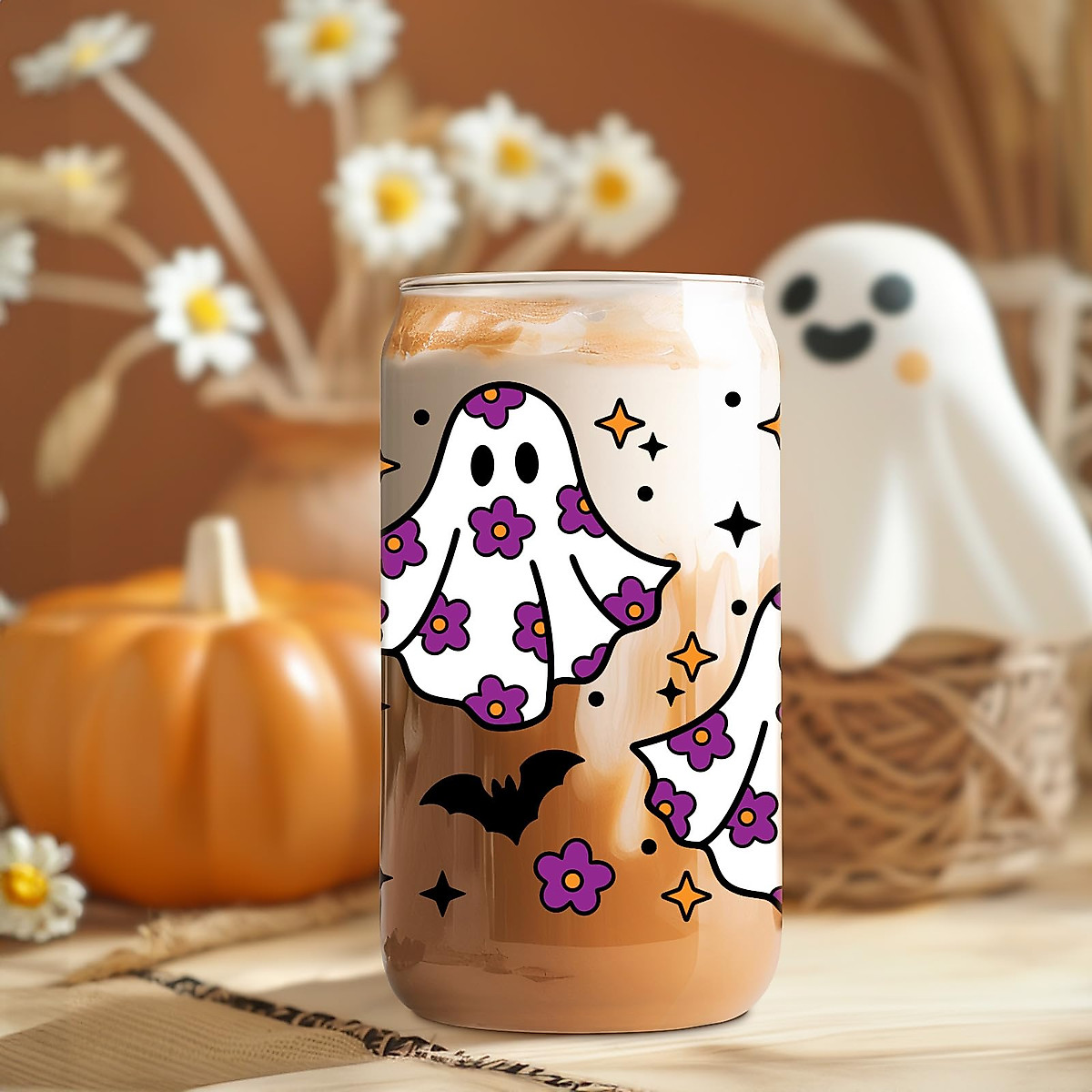 Coolife Purple Flower Ghost Halloween Cup, Cute Daisy Ghost Iced Coffee Cup, 16oz Floral Ghost Halloween Tumbler Glass Cups w/Lids Straws - Boo Basket Stuffers for Her, Halloween Gifts for Women Girl