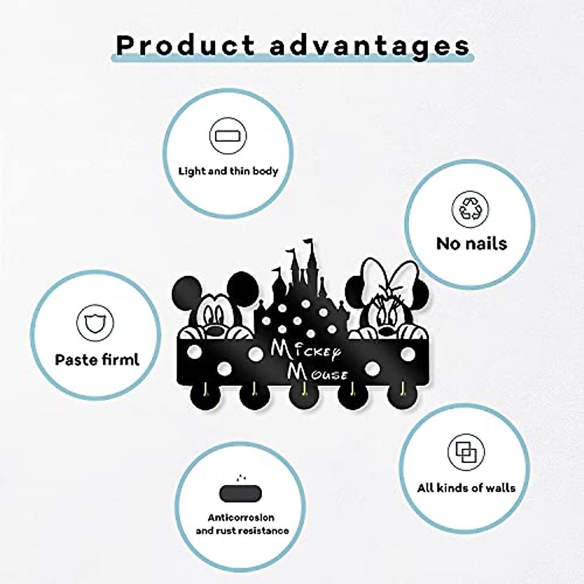 Mickey Mouse Disney Key Hooks,Door Hooks Self-Adhesive Key Holder for Wall Entryway, Kitchen,5 Hook Black Heavty Duty 6lb (Mickey Mouse)