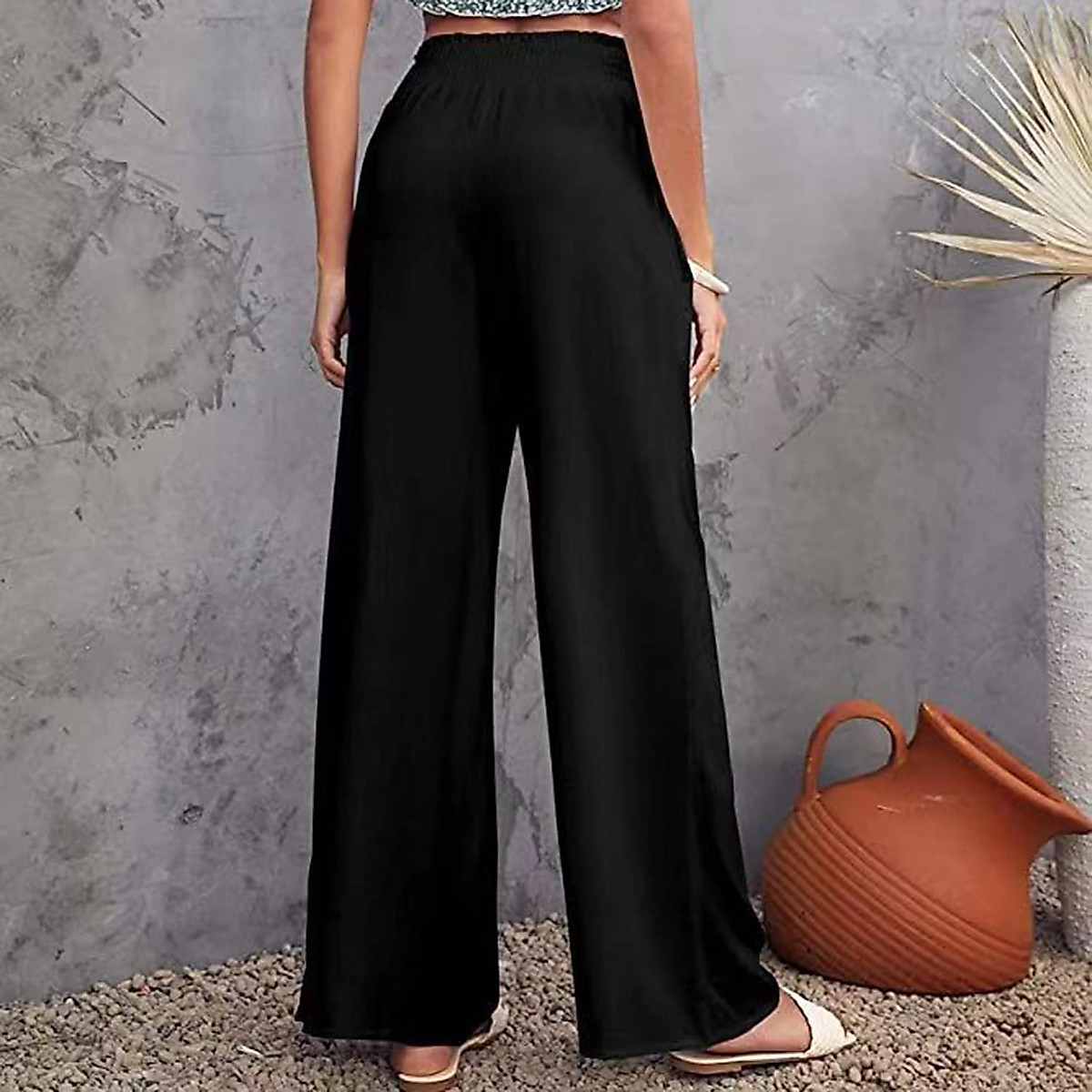 Jdlsppl Women's Casual Wide Leg Pants Palazzo Pant Baggy Cotton High Waisted Classic Empire Waist Elastic Band Trousers Black 8-10