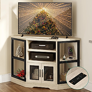 YITAHOME Corner TV Stand for TVs up to 55/50 Inch with Power Outlet, Modern Farmhouse Entertainment Center, Wood TV Media Console with Storage Cabinets Shelves for Living Room, White Oak
