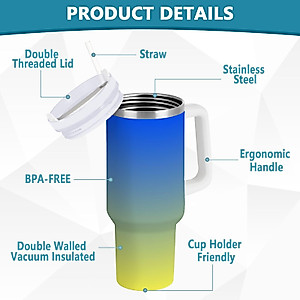 MCHIVER Blue Yellow Gradient 40 oz Tumbler with Handle and Straw Stainless Steel Vacuum Water Bottle Leak-proof Travel Coffee Mug Insulated Cup for Office Home Car