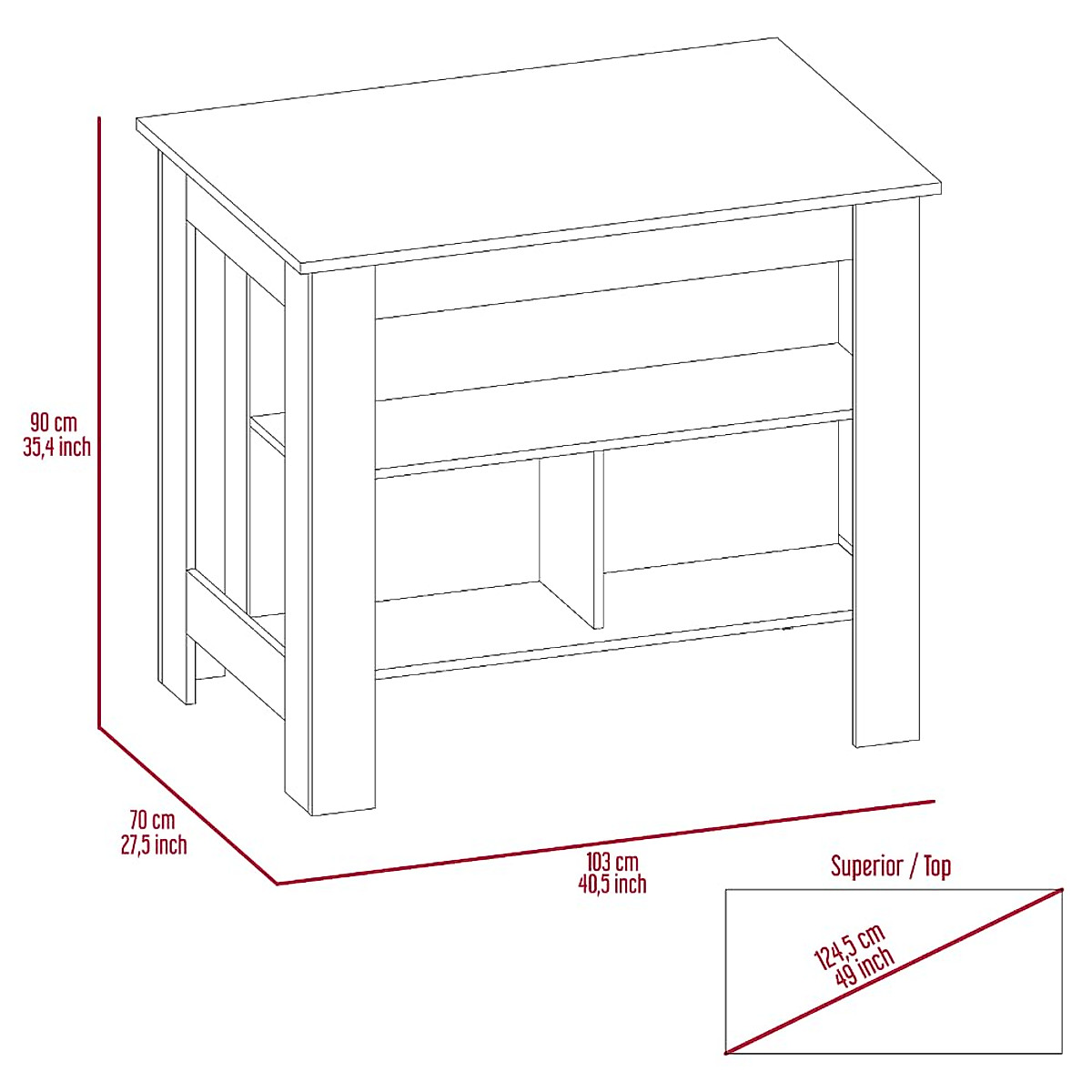 Tuhome Cala Kitchen Island, Four Legs, Three Shelves -White/Onyx