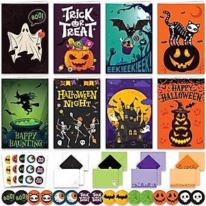 Decorably 24 Pack Happy Halloween Cards with Envelopes & Stickers - 8 Designs Blank Inside Halloween Cards and Envelopes, 4x6in Halloween Cards for Kids, Halloween Note Cards, Halloween Greeting Cards