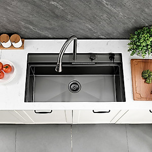 33 Inch Black Undermount Kitchen Sink Waterfall Workstation, BoomHoze 33x19 Waterfall Kitchen Sink Dual Mount Workstation Sink 16 Gauge Black Stainless Steel with Multifunctional Faucet