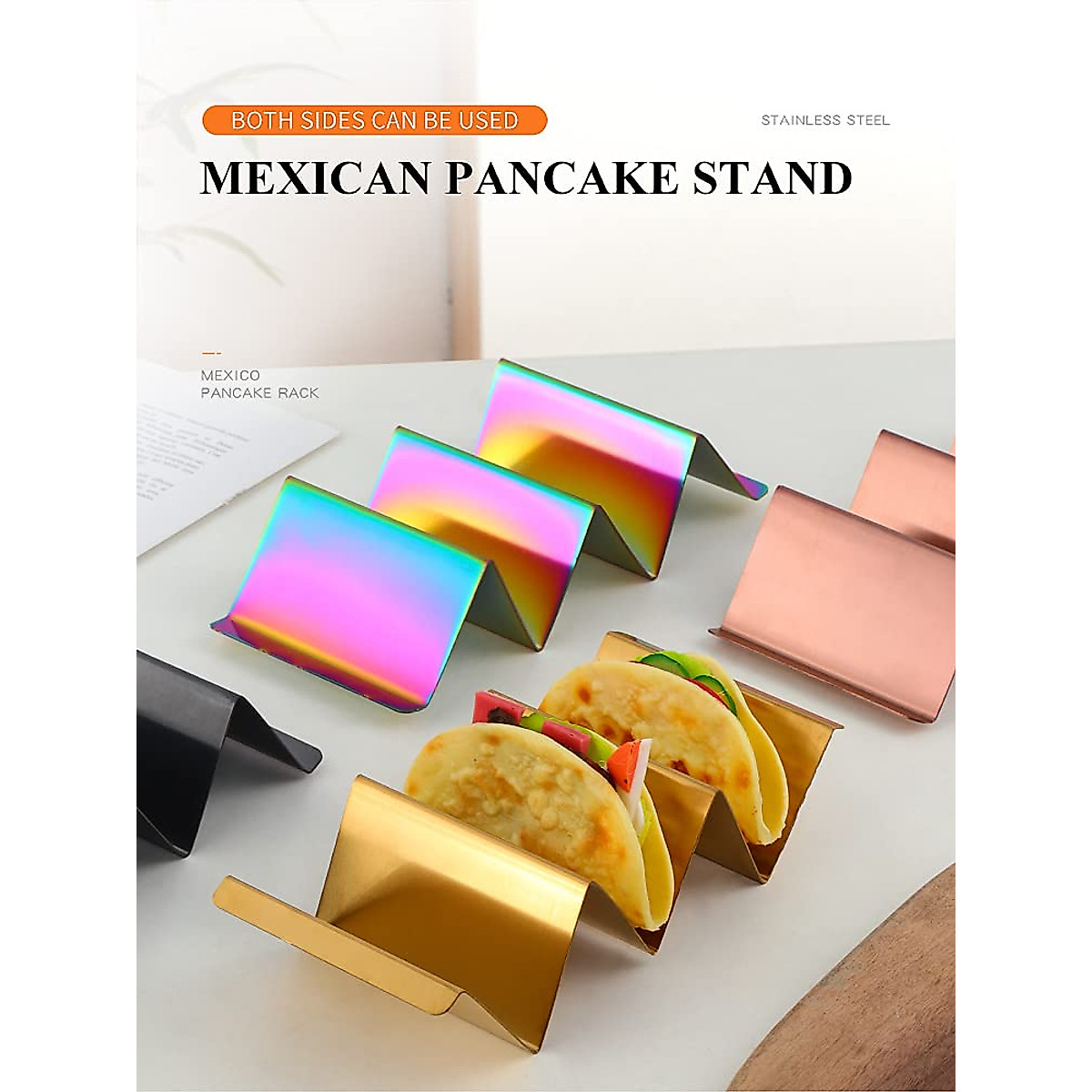 QIBOORUN Taco Holder Stand Set of 4 with 1 Food Tong - Stainless Steel Taco Stand Rack Tray Style, Oven Safe for Baking, Dishwasher and Grill Safe -Rainbow Color