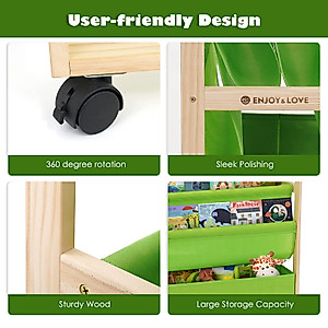 Jomifin Rolling Bookshelf with Toys Storage Bins, Kids Sling Book Shelf with Wheels Large Capacity for Kids Bedroom Playroom - Double Sided