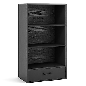 Giantex 4 Tier Bookcase with Drawer, 42.5" Tall Floor Standing Organizer Display Storage Shelves with Anti-toppling Device, Wood Open Shelf Bookshelf for Kids Room, Living Room, Study, Black