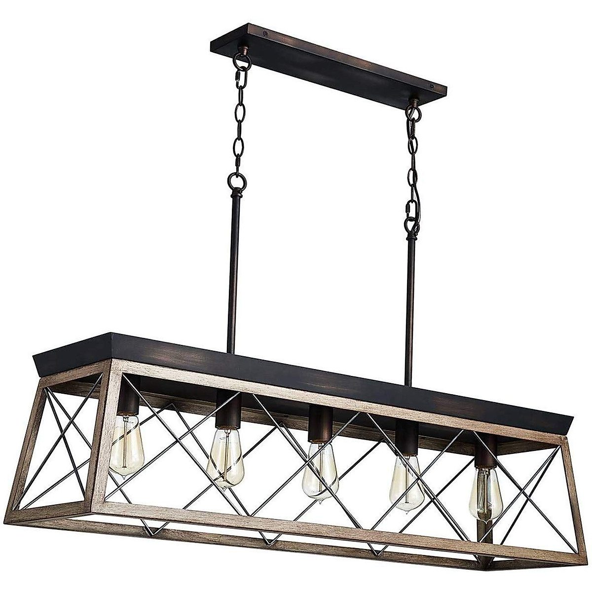 Saint Mossi 5 Light Wood Metal Chandelier, Kitchen Island Pendant Lighting for Dining Room, Rustic Vintage Farmhouse Industrial Light Fixtue, L39 x H12 x W12, Oaky Painted Metal and Stardust Network