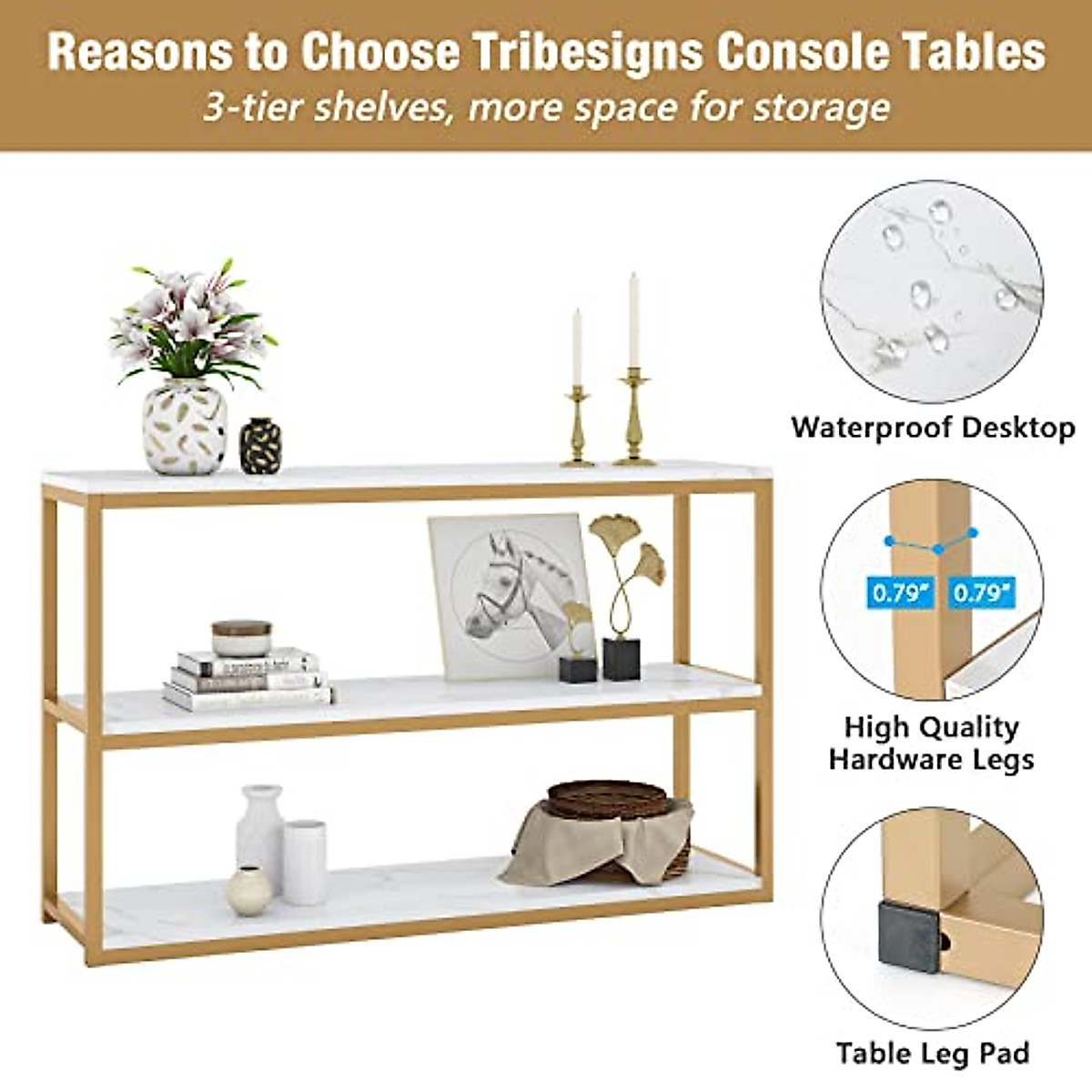 Tribesigns 3-Tier Console Table, Gold Sofa Entry Table with Faux Marble Top and Metal Frame for Home, Entryway, Hallway