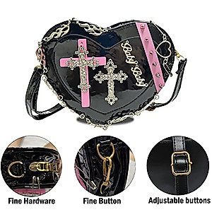 Goth Purse Kawaii Gothic Bag Y2K Heart Shaped Bag Punk Cross Decor Bag Studded Crossbody Bag (Black)