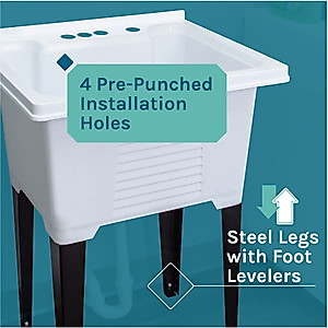 White Utility Sink by JS Jackson Supplies, Tehila Luxe Laundry Tub, Stainless Steel Finish Hi-Arc Pull-Down Faucet, Soap Dispenser