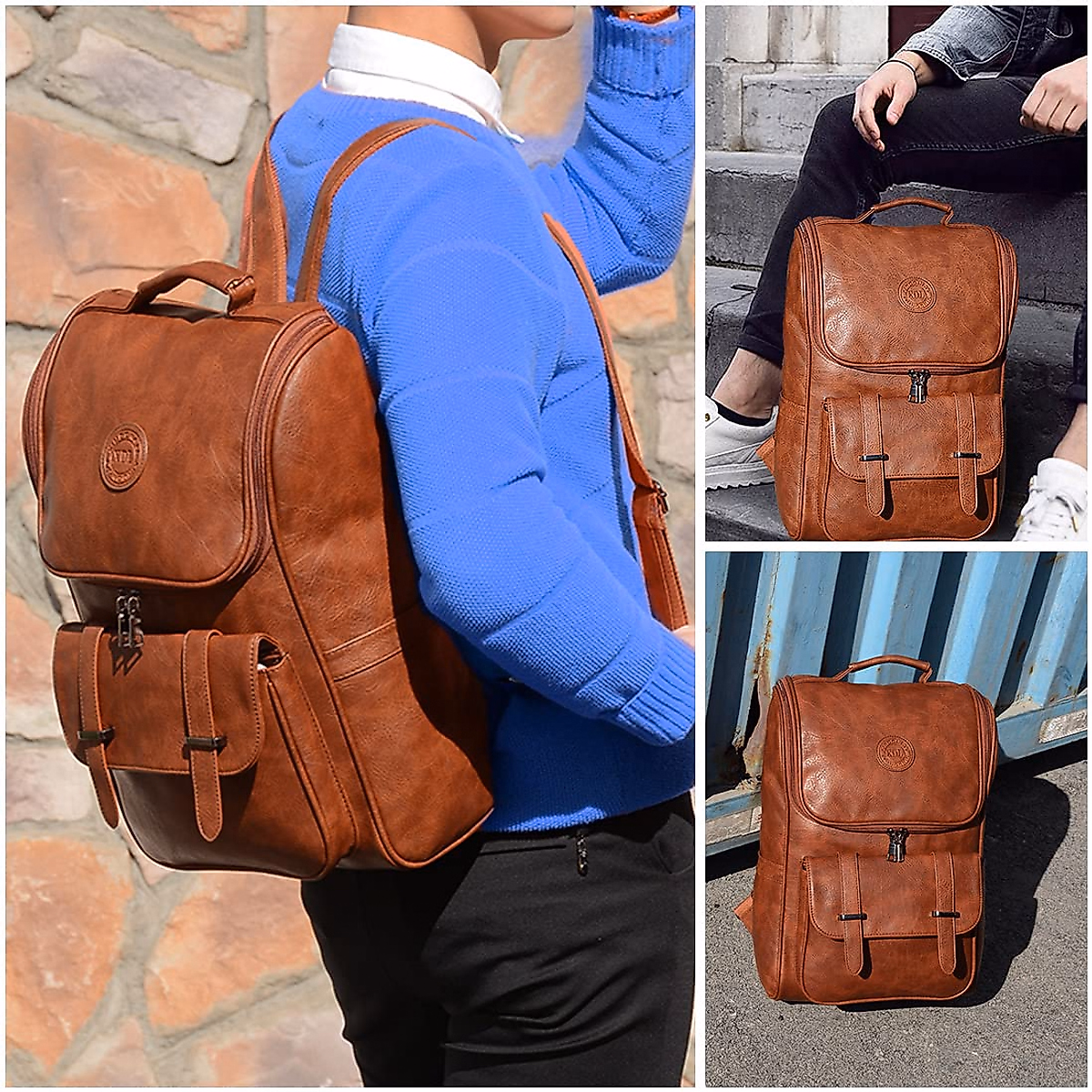 LOTCAIN Vintage Faux Leather Backpack, Slim Laptop Backpack Travel Waterproof Pack College School Bookbag Weekend Daypack Bag for Men Women,Brown