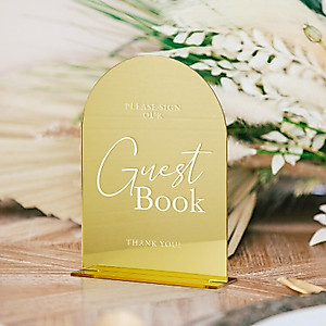 Acrylic Wedding Sign with Stand- 5"x7" Gold Mirror Arch Acrylic Guest Book Sign and Base,1/8" Thick | Modern Calligraphy White Lettering Acrylic Arch Sign for Wedding Reception & Party