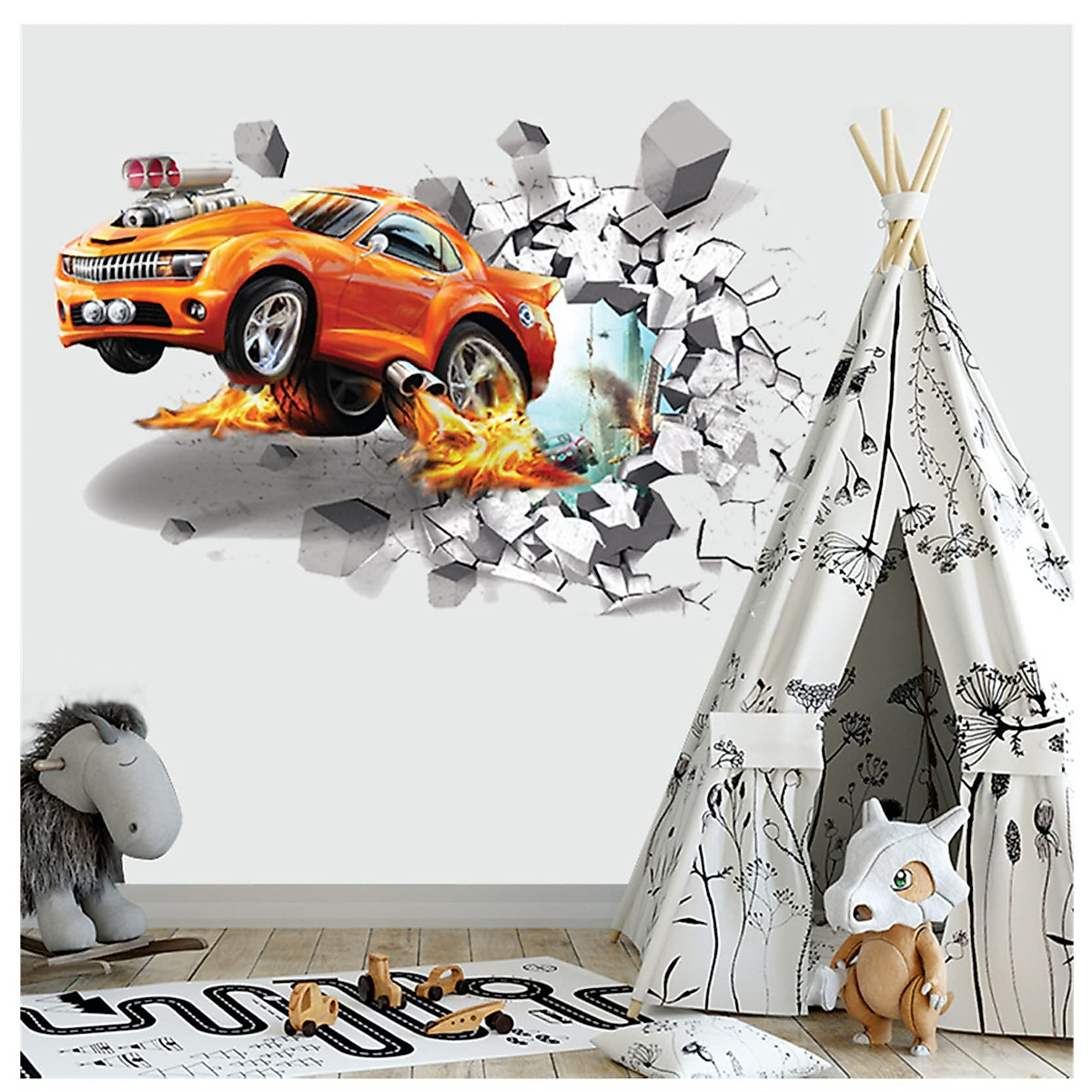 Dynamic Car Wall Stickers, Breaking Wall Creative 3D Wall Decals, Self Adhesive Removable, Art Decal Mural Wall Decor, Kids Boy Room Bedroom Playroom Wall Decoration（19.6'' × 27.5''） (car2)