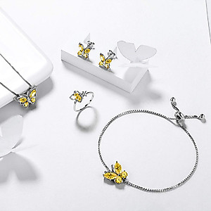Aurora Tears Butterfly Jewelry Set,925 Sterling Silver Butterflies November-Citrine Birthstone Pendant Necklace/Earrings/Rings/Bracelets for Wedding Gift