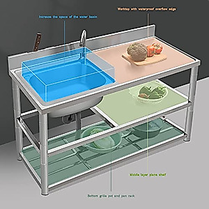 Freestanding Stainless Steel Sink 304 Stainless Steel Utility Sink Freestanding 1 Compartment Kitchen Sink with Worktop Commercial Restaurant Sink Set Commercial/Industrial Sink