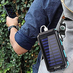 Solar Power Bank, YELOMIN 20000mAh Portable Outdoor Solar Charger, Camping Waterproof Backup Battery Pack with Dual USB 5V Outputs/LED Flashlights and Compass for Cellphones and Electronic Devices