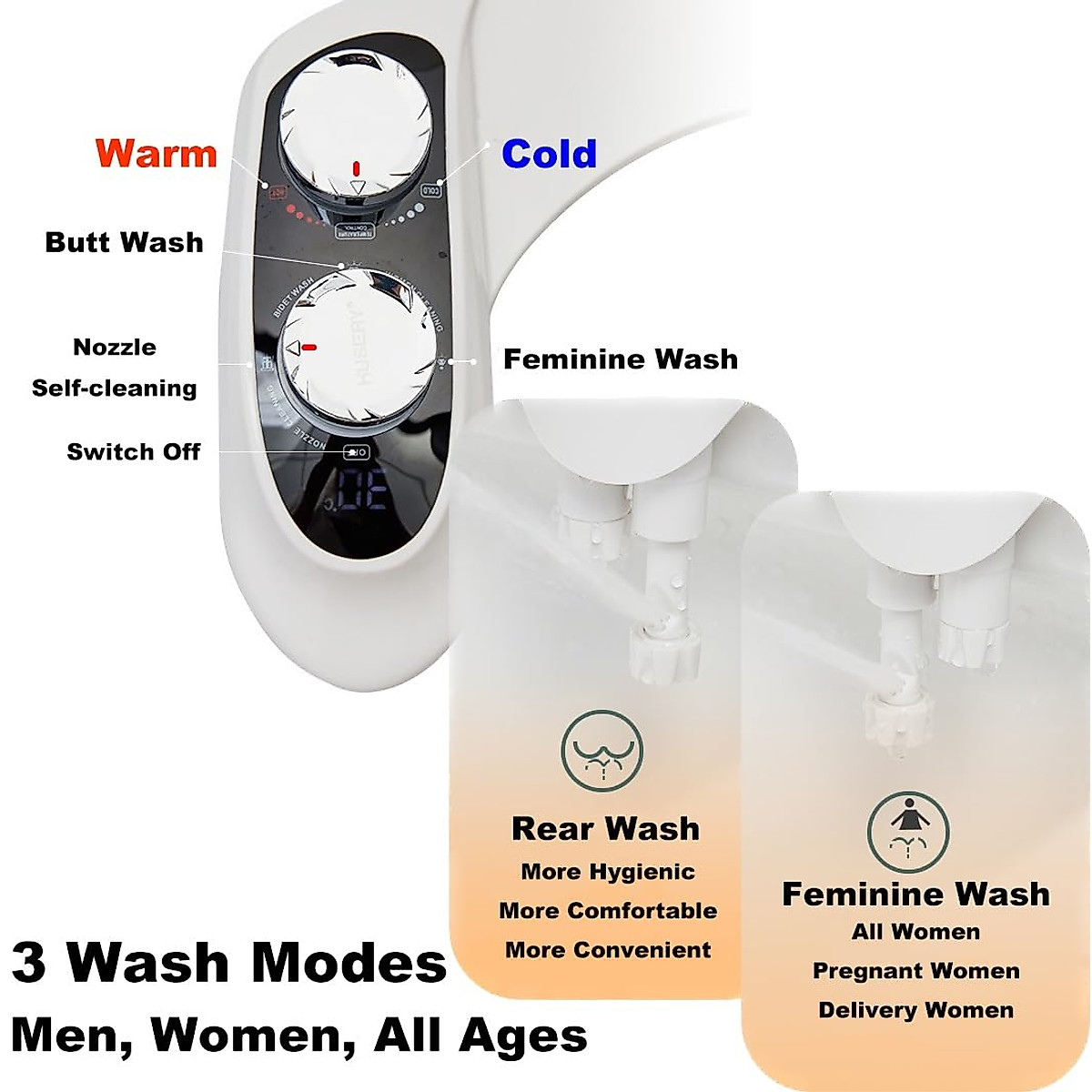 Generic Toilet Bidet Attachment, Toilet Seat Warm Water Bidet Attachment, Adjustable Temperature, Digital Display, 2x Retractable Self Cleaning Nozzles, Cold Warm Water Battery Operated, White