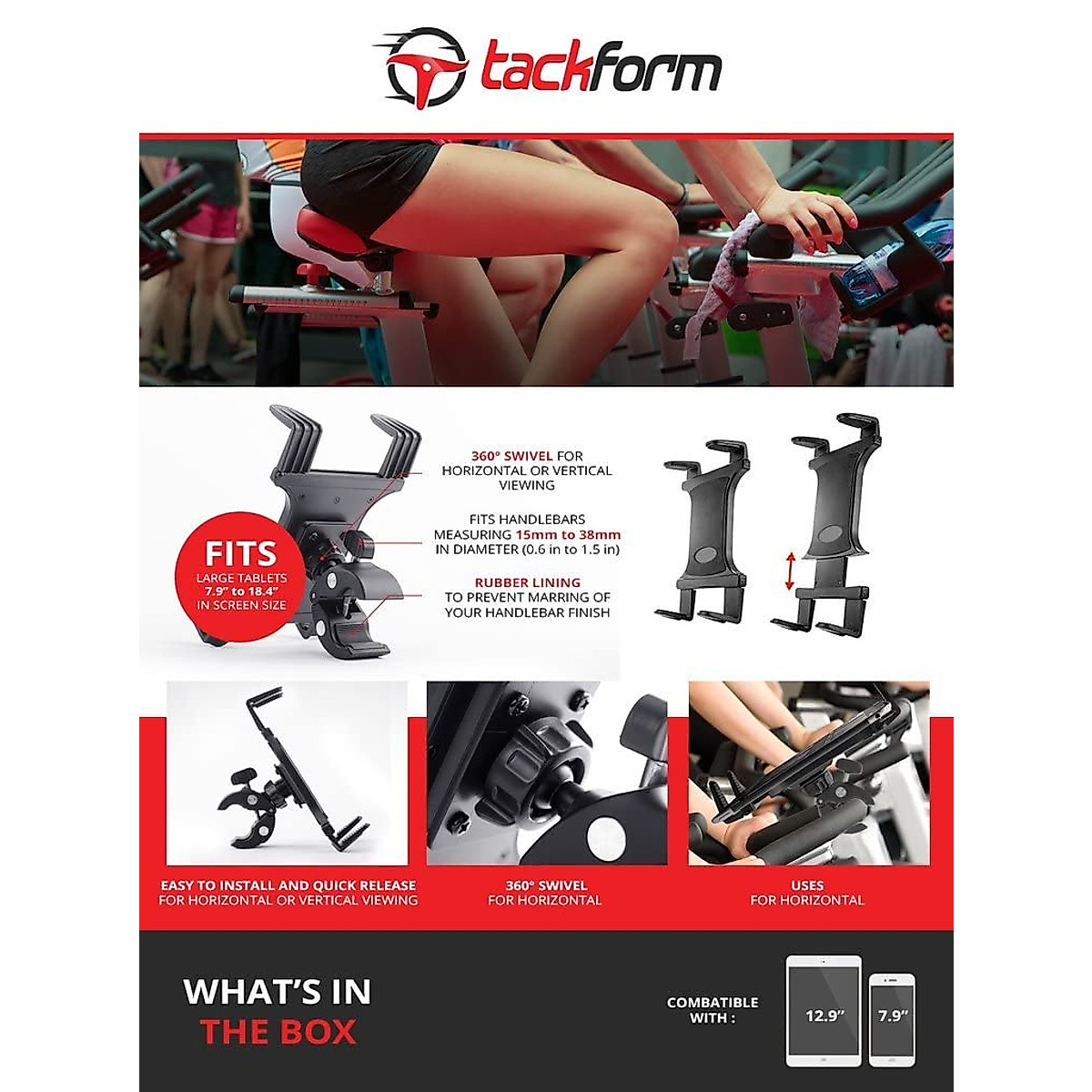 Tackform Universal Tablet Holder Compatible with Stationary Bicycle, Treadmill, Elliptical, Spin Bike, Microphone Stand, and Indoor Exercise Equipment - Compatible All Tablets Including iPad