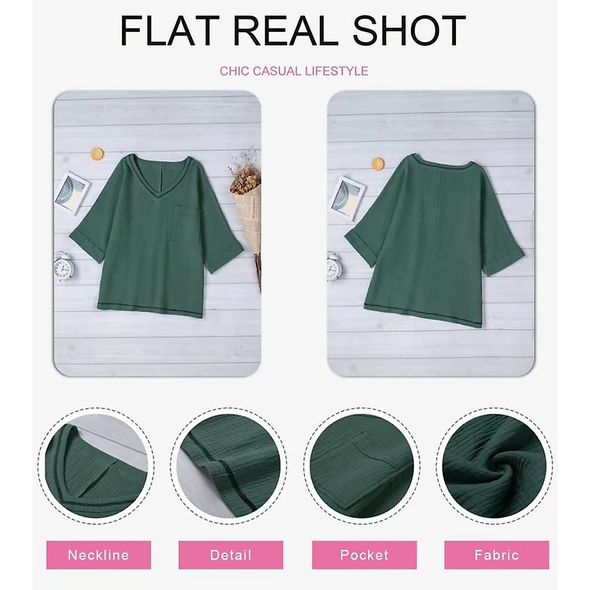 Dokotoo Womens Juniors Elegant Casual Spring Summer Shirts and Blouses for Women 2023 T-Shirts V Neck 3/4 Sleeve Cotton Tunic Tops Loose Shirts with Pocket Green Large