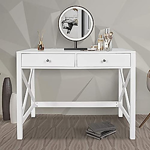 Usinso White Writing Computer Desk with Drawers,Small Modern Table for Bedrooms,White Vanity Table,Office Desk with Drawers（White）