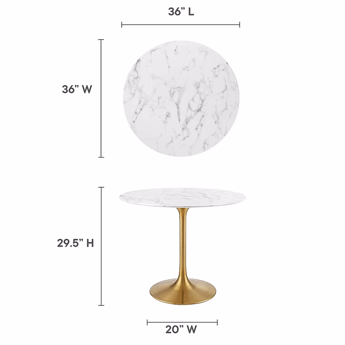 Modway Lippa 36" Mid-Century Dining Table with Round Artificial Marble Top in Gold White