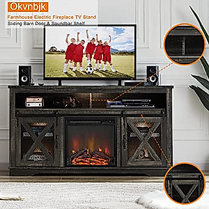 Okvnbjk Fireplace TV Stand for TVs up to 70", Entertainment Center with 18" Electric Fireplace, Farmhouse TV Stand Industrial Media Console with Sliding Barn Door for Living Room, 58 Inch, Dark Oak
