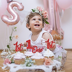 24 PCS One Cupcake Toppers Glitter 1st Birthday Cupcake Picks Number 1 First Birthday One Cake Decorations for Baby Shower Kids 1st Birthday Anniversary Party Supplies Red